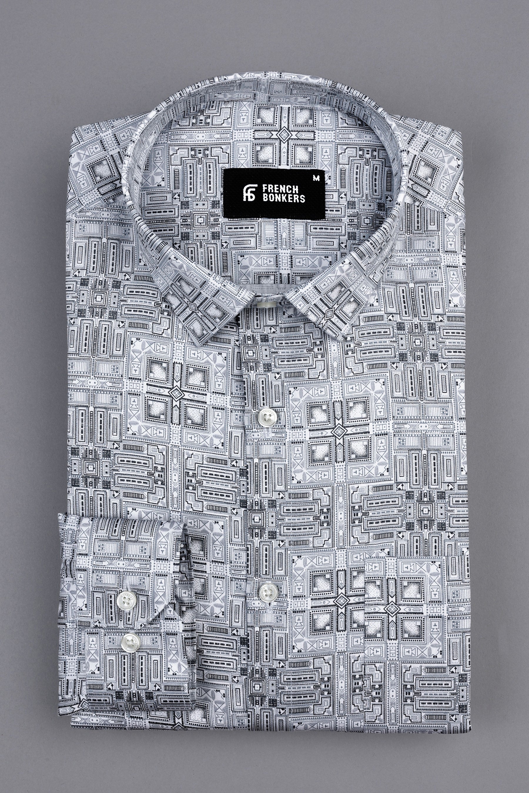 White with navy blue vintage ludo design printed satin shirt – Hamercop