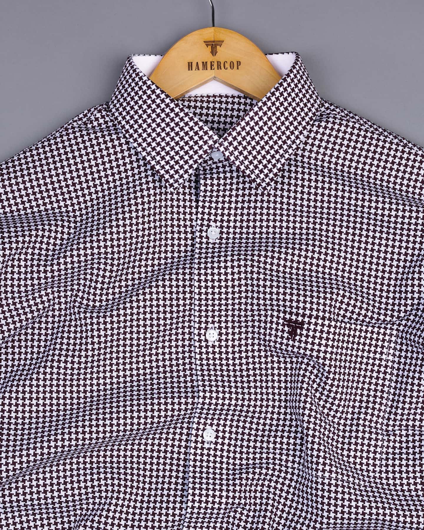 Inox Burgundy Houndstooth Giza Cotton Designer Shirt | Hamercop