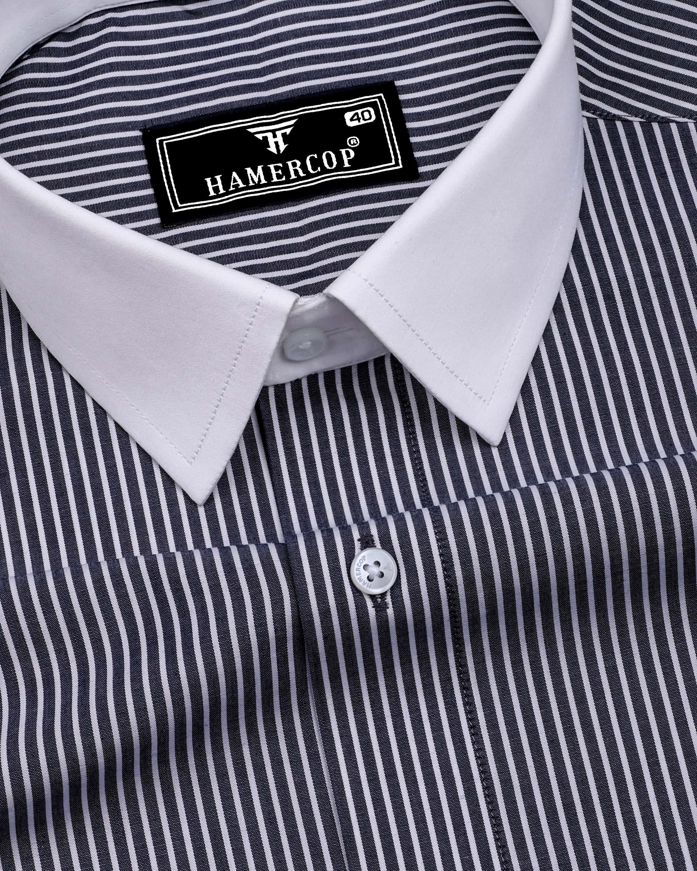 Slate Blue Cotton Designer Shirt with White Stripes – Hamercop