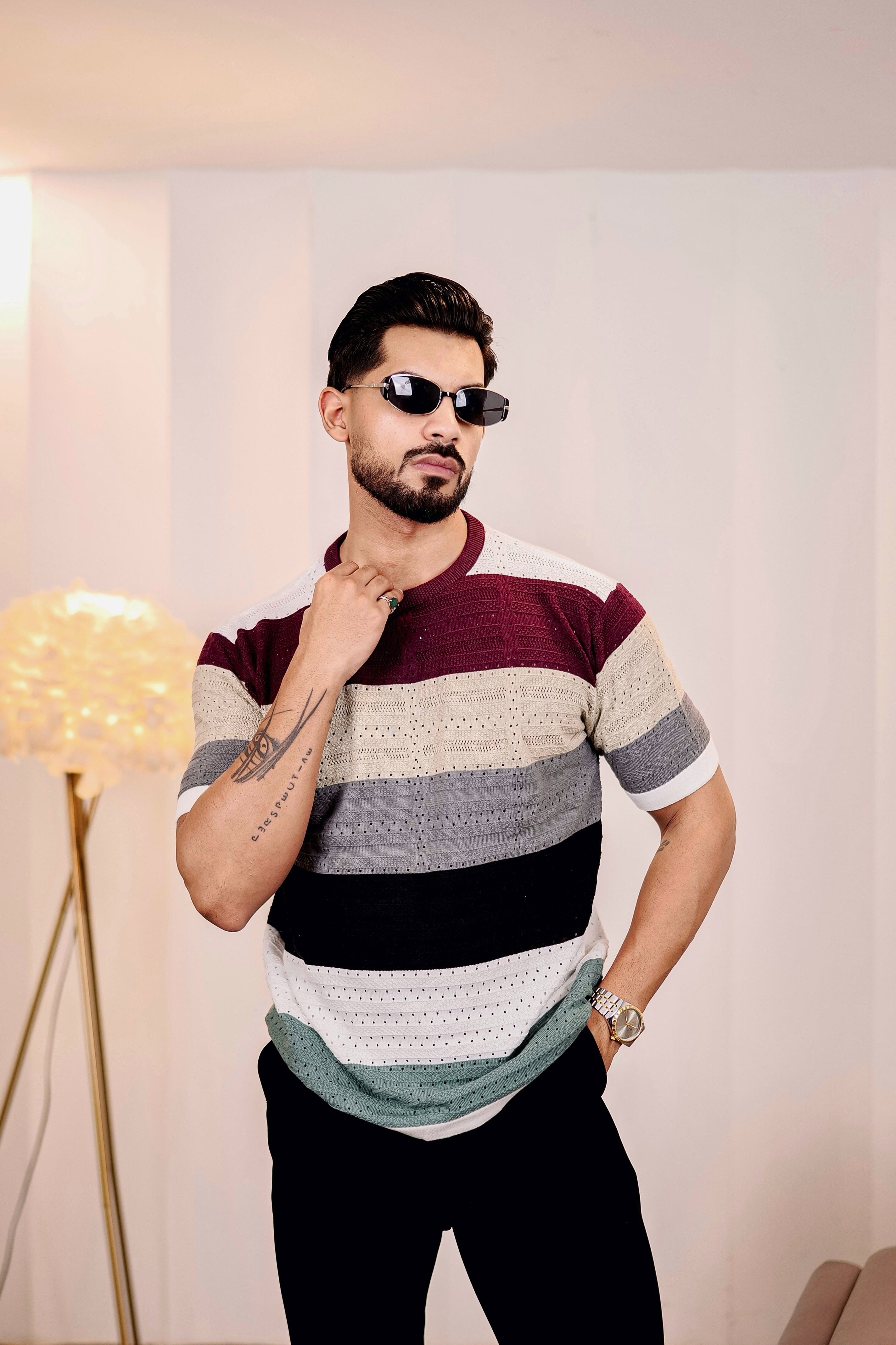 Mirage Maroon Multicolour Knitted Cotton T-Shirt – Hamercop