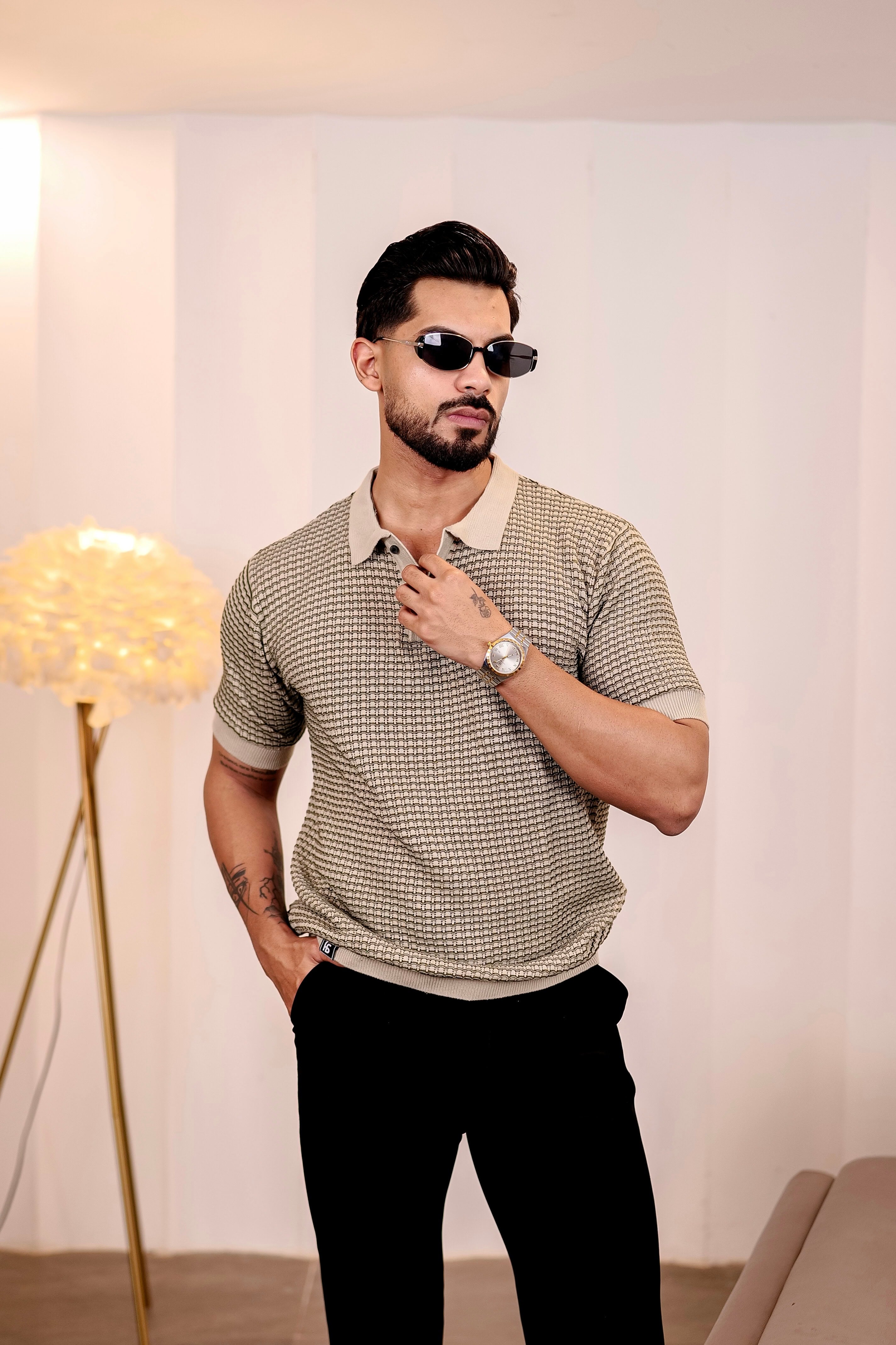 Vellin Cream With black Knitted Cotton Polo T-Shirt – Hamercop