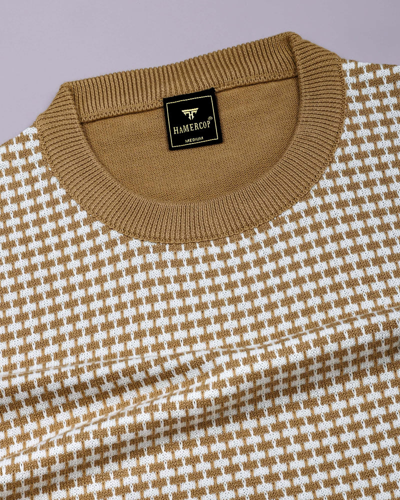 Cream Knitted Cotton T-Shirt with White Check – Hamercop